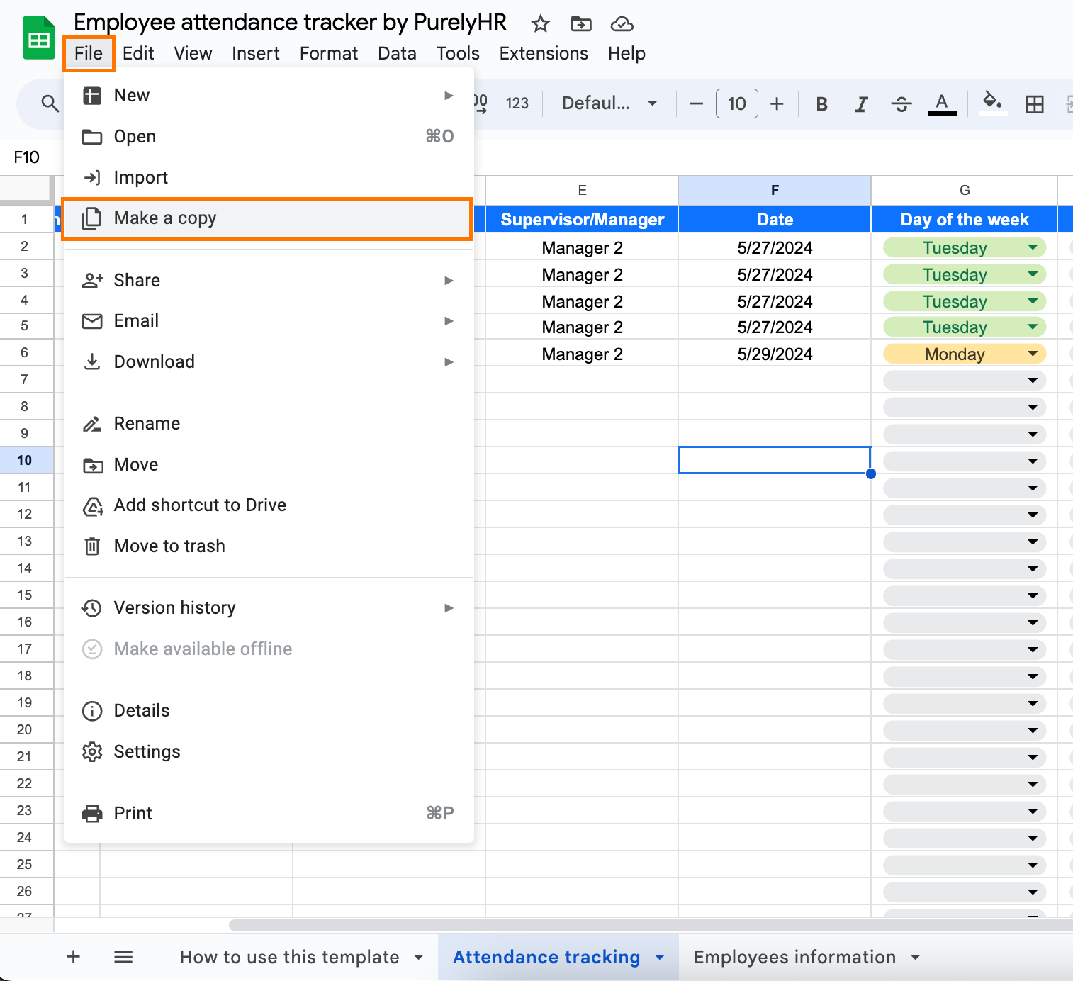 How to use the PurelyHR employee attendance tracker template